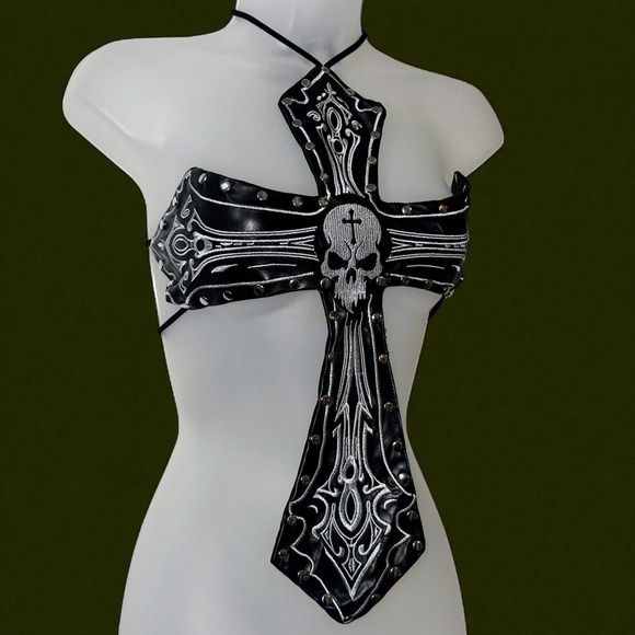 Molliwater | Tops | Medium Black Cross Skull Backless Halter Top ...